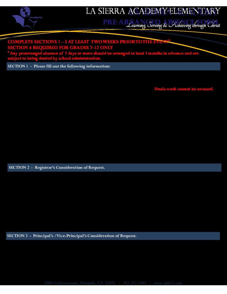 Pre-Arranged Absence Form | La Sierra Academy
