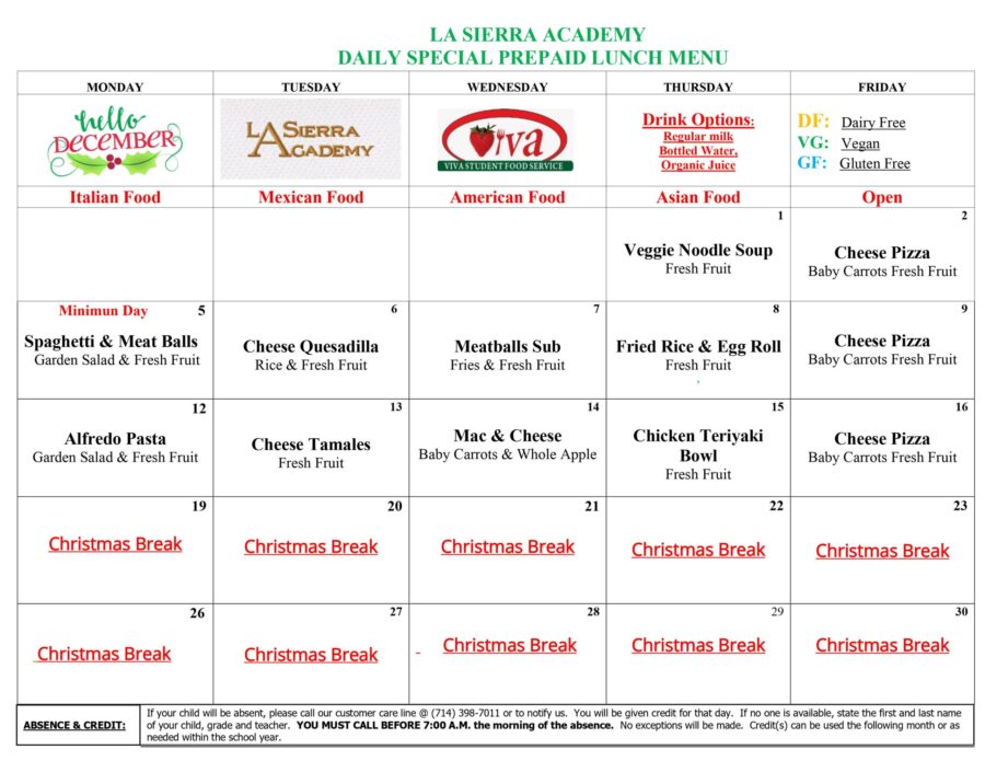Lunch Menu | La Sierra Academy